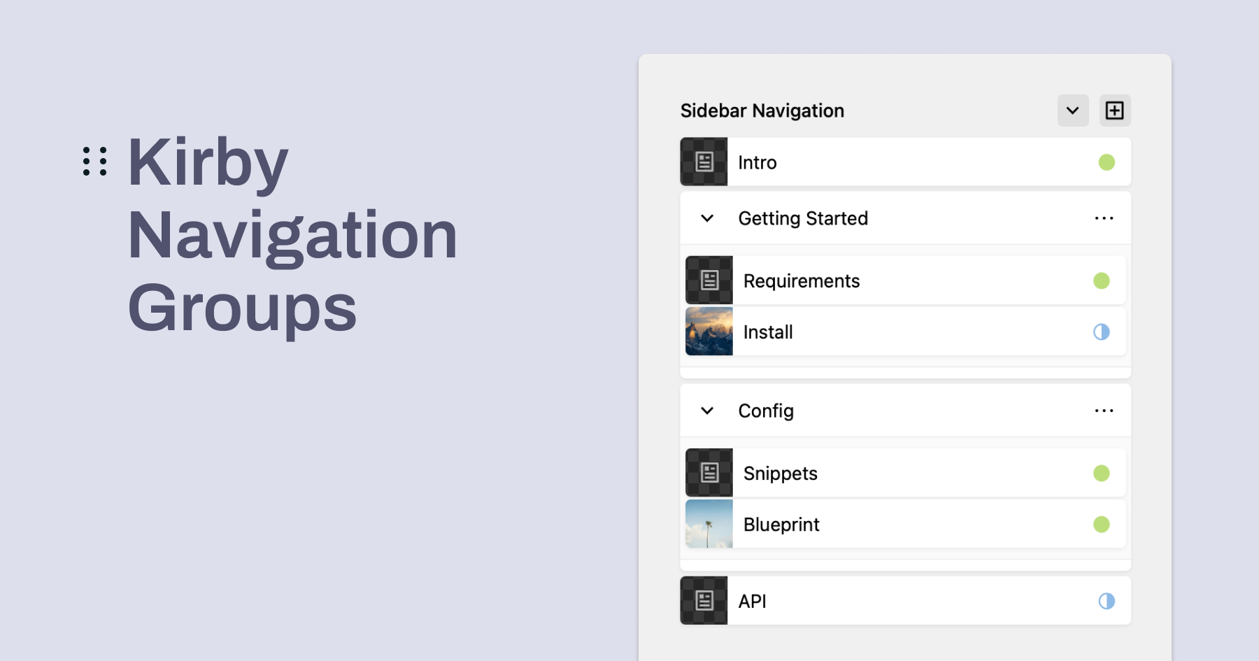 Navigation Groups | Kirby CMS Plugins
